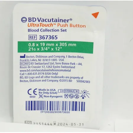 Blood Collection Set Vacutainer Push Button 21G x 3/4" 12" Extra Thin ...